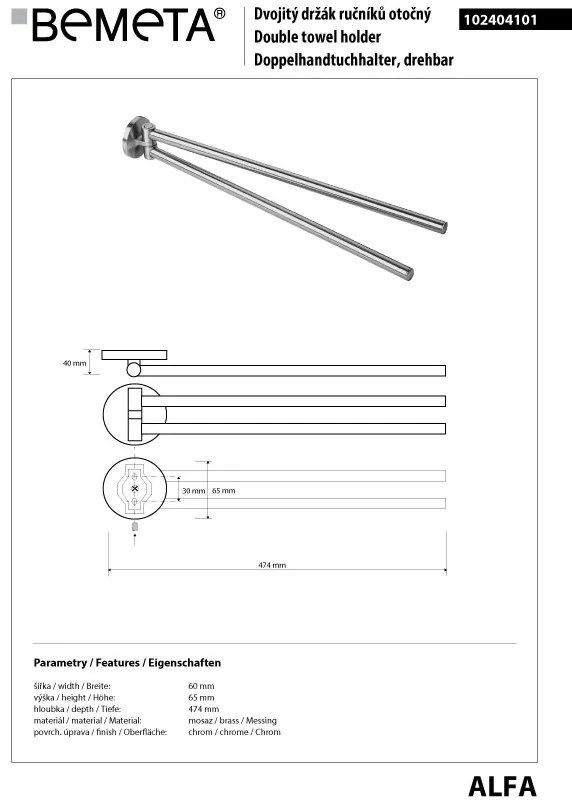 Bemeta Design ALFA: Držák ručníků, 475 mm, dvojitý, otočný -
