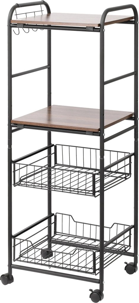 HOMCOM Kuchyňský vozík s kolečky, 2 regály, 2 odnímatelné košíky a 4 háčky pro jídelnu a koupelnu 40x38x111 cm Ořechová a černá | Aosom
