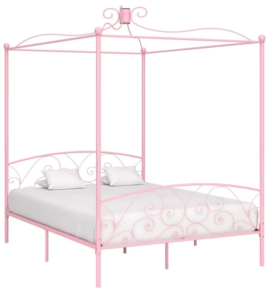 vidaXL Rám postele s nebesy růžový kovový 160 x 200 cm