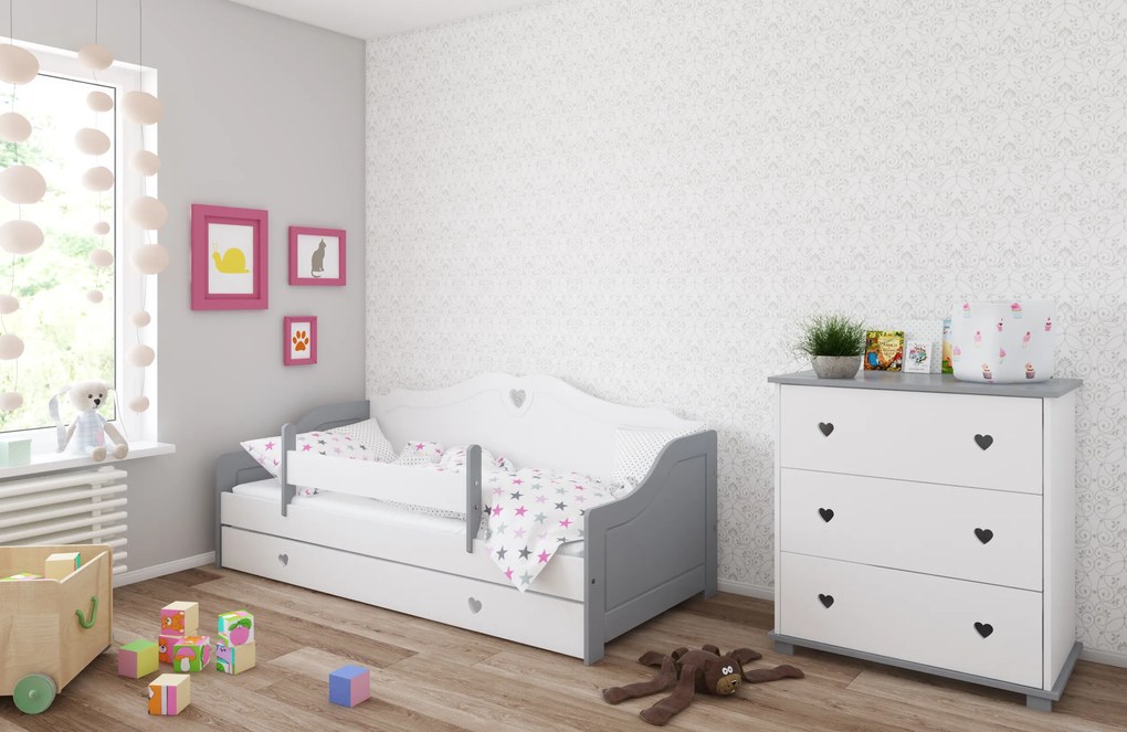 BabyBeds Dětská postel ZUZANA srdíčka Velikost postele: 180x80 cm, Barevné provedení: bílá a šedá, Úložný prostor: Ano, s úložným prostorem Bílá