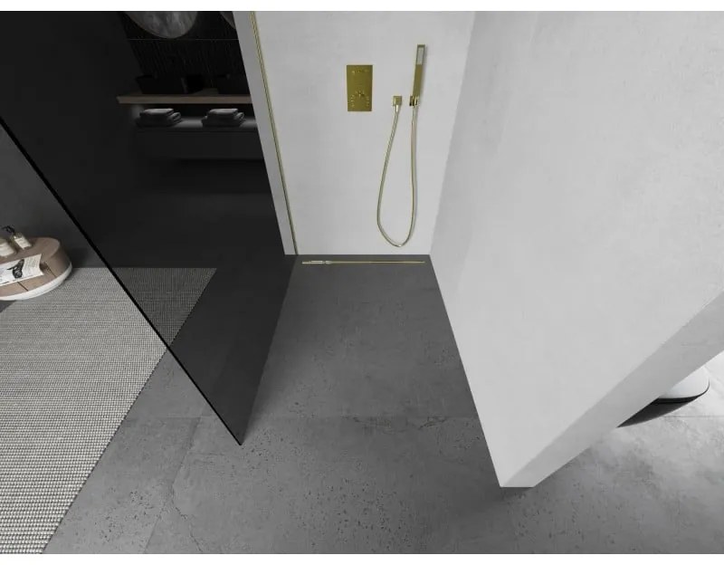 Mexen Kioto, sprchová zástěna Walk-In 140 x 200 cm, 8mm šedé sklo, zlatý matný profil, 800-140-101-55-40