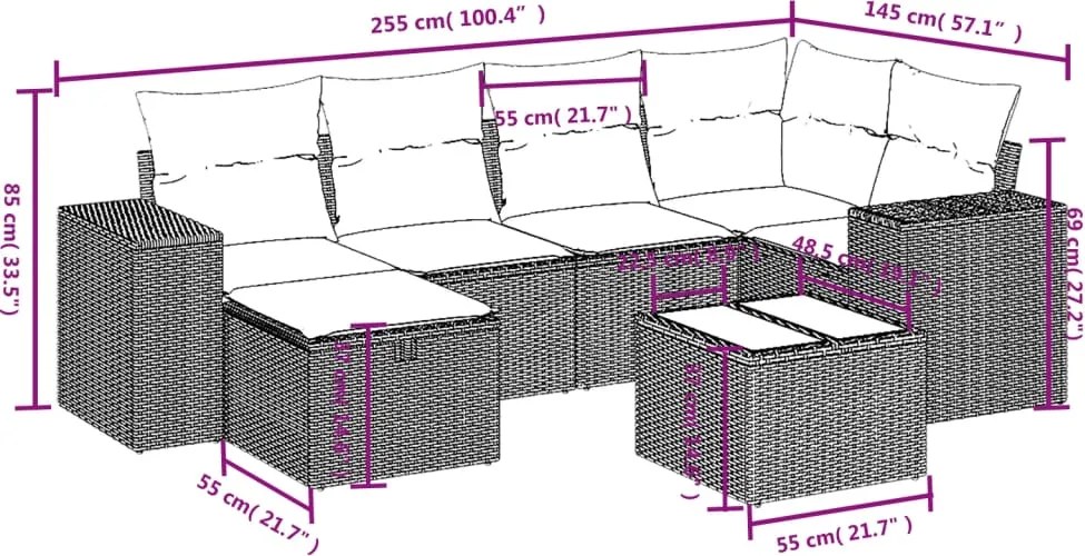 7dílná zahradní sedací souprava a podušky světle šedá polyratan 3264428