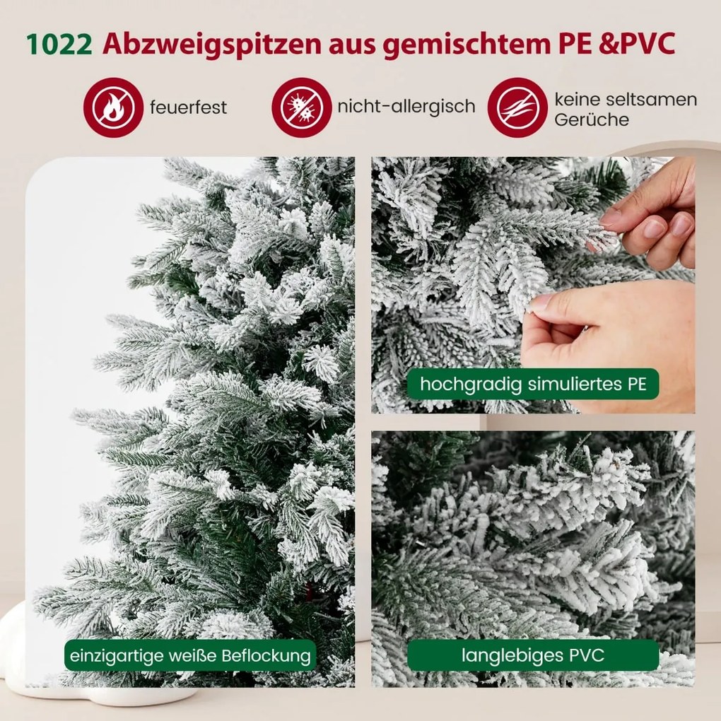 Costway 180 cm Umělý vánoční stromeček se sněhem a světly a 1022 smíšené větve