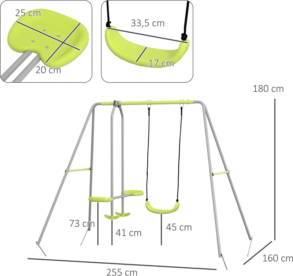 Zahradní houpačka Outsunny pro děti s 1 jednoduchou houpačkou, 1 klouzačkou a anti-UV ochranou, nosnost 135 kg, 255x160x180 cm, šedá a zelená