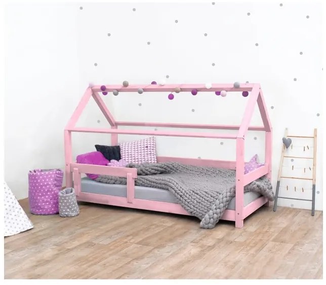 Růžová dětská postel s bočnicí ze smrkového dřeva Benlemi Tery, 80 x 190 cm