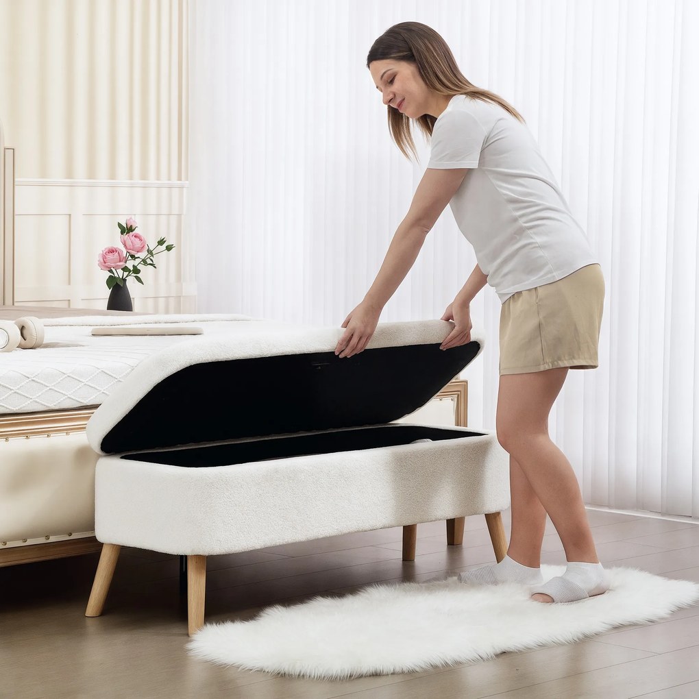 HOMCOM Úložná lavice, sedací lavice s úložným prostorem 65 l, materiál teddy-fleece, kaučukové dřevo, 120 x 42 x 45 cm, krémově bílá