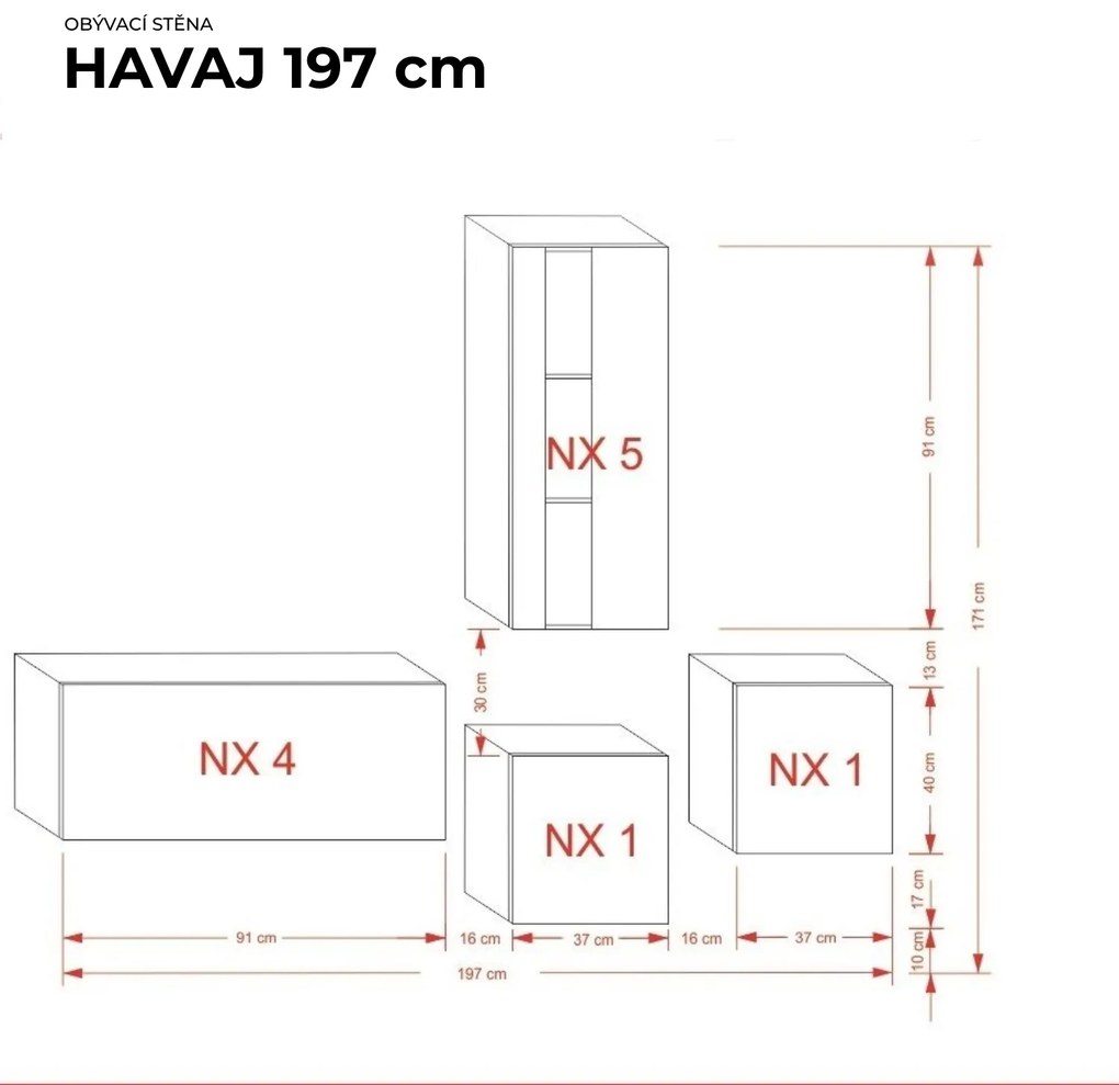 Ral Obývací stěna HAVAJ 4, 193 cm - Bílo/černý lesk