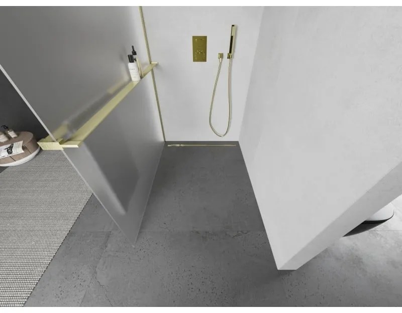 Mexen Kioto+, sprchová zástěna Walk-In s poličkou a věšákem 130 x 200 cm, 8mm sklo námraza, zlatý matný profil, 800-130-121-55-30