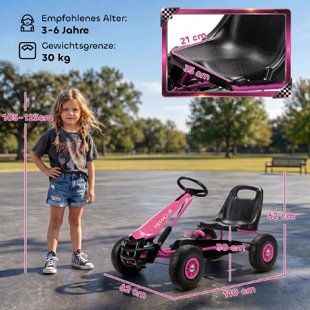 AIYAPLAY Pedálový gokart pro děti, výškově nastavitelné sedadlo, EVA kola, brzda, spojka, 3-8 let, růžová