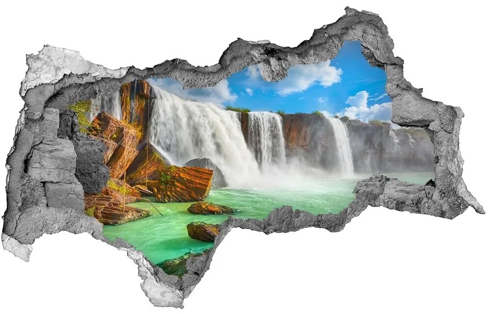 Wallmuralia Díra 3D ve zdi nálepka Cihla kaskáda 95x73 cm
