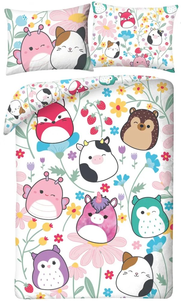 Oboustranné ložní povlečení z mikrovlákna Squishmallows – motiv Flower Friends - 70 x 90 cm + 140 x 200 cm - zipové zapínání
