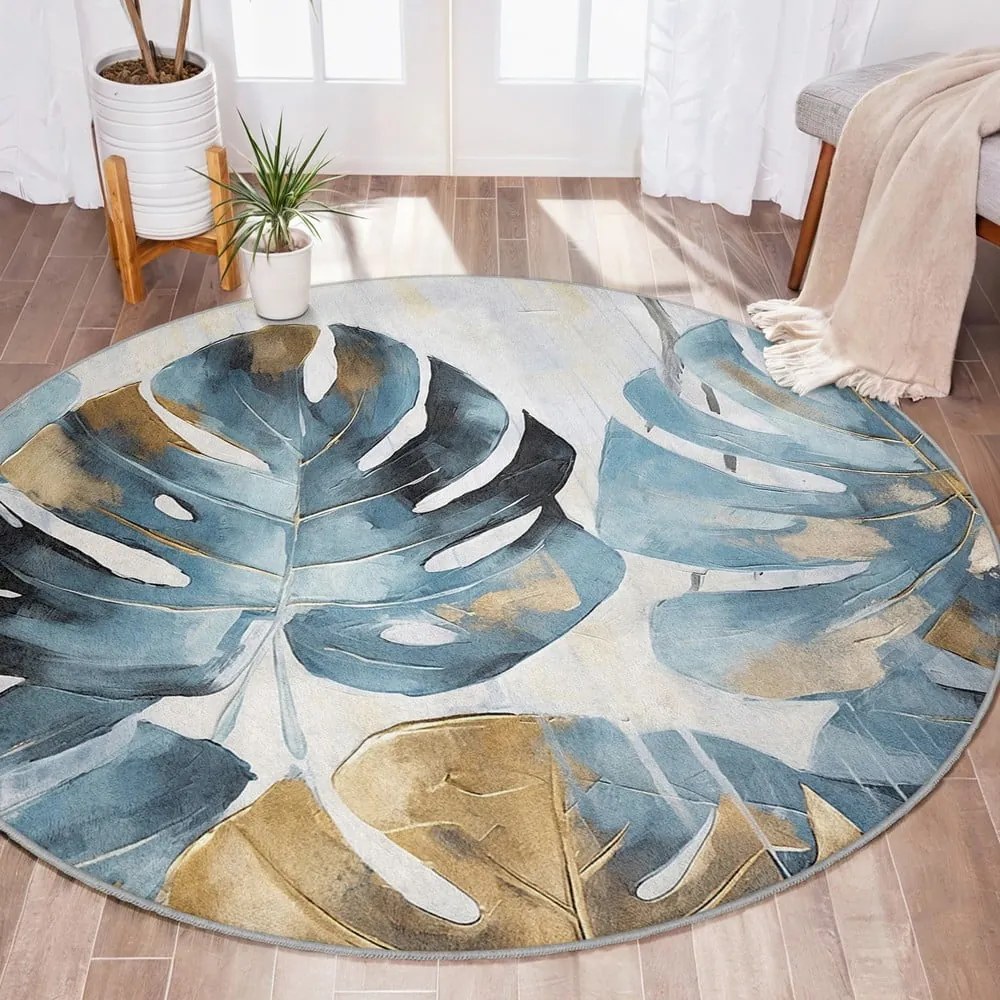 Modrý pratelný kulatý koberec ø 100 cm Golden Leaves – Mila Home