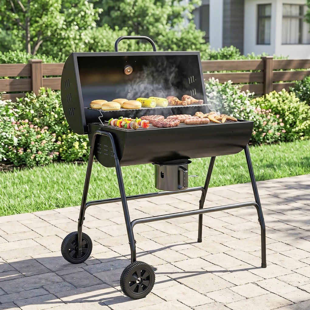 Outsunny Kovový gril na dřevěné uhlí BBQ udírna s víkem Teploměr Kolečka Grilovací vozík 95x71,5x102 cm Černá barva