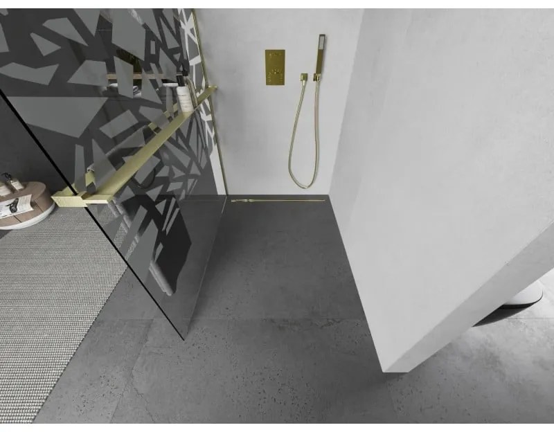 Mexen Kioto+, sprchová zástěna Walk-In s poličkou a věšákem 80 x 200 cm, 8mm čiré sklo bílý vzor, zlatý matný profil, 800-080-121-55-85