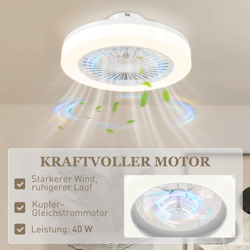 HOMCOM Stropní ventilátor s osvětlením a dálkovým ovládáním, Ø46 cm, 40W stmívatelné LED stropní světlo s ventilátorem, 6 rychlostí, časovač, reverzi…