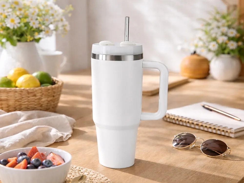 VERK Velký nerezový termohrnek se slámkou a držadlem – 1,2 l - bílý