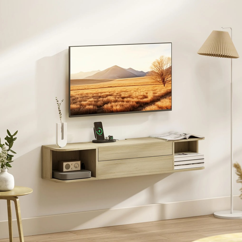 HOMCOM závěsný televizní nábytek, TV stolek pro televizi 127 cm, zásuvka, police, průchodky na kabely, 120x24x22,4 cm, vzhled přírodního dřeva