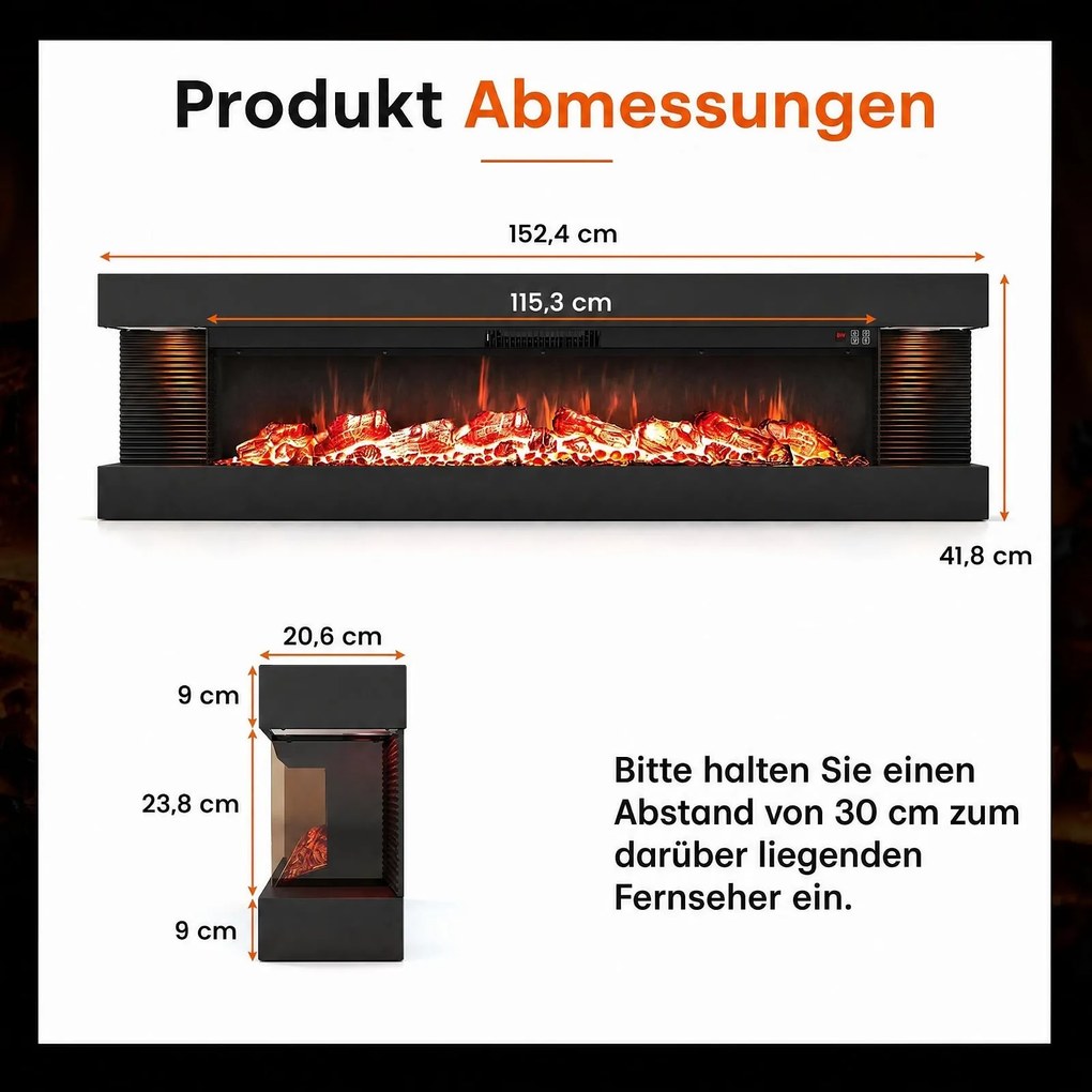 Costway Třístranný elektrický krb 152 cm s LED, 750/1500 W, černý
