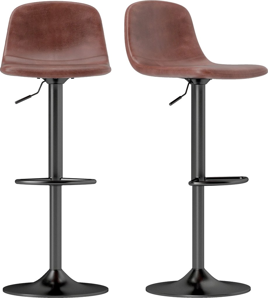 HOMCOM Sada 2 vysokých barových stoliček s opěrkou a podnožkou, výškově nastavitelné 84-104 cm, čalouněné PU, 360° otáčivé pro kuchyňský pult - Hnědé
