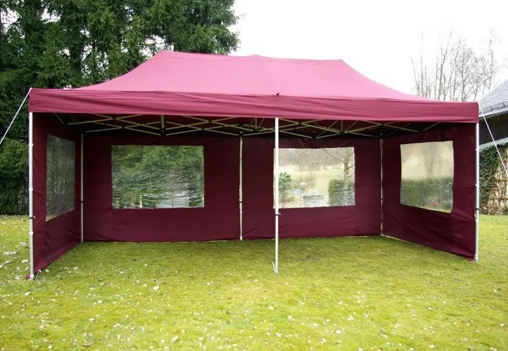 Nůžkový párty stan 3 × 6 m s bočními stěnami, vínový