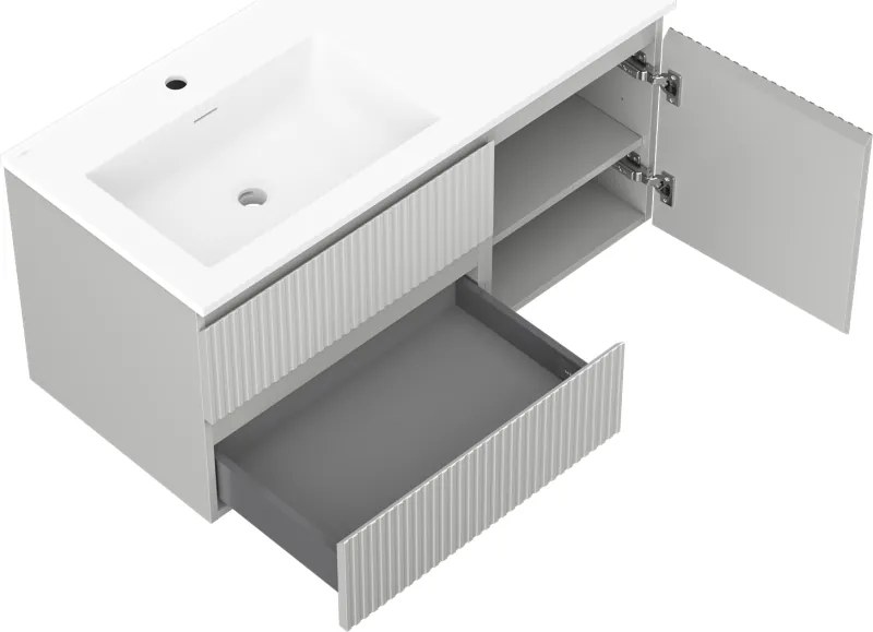 Mexen Rivel, koupelnová skříňka 100 cm s levým umyvadlem Otis, 2S, 1D, drážkovaná, šedá matná/bílá matná - 91A23-10047-3-BBFFF62-W18L01