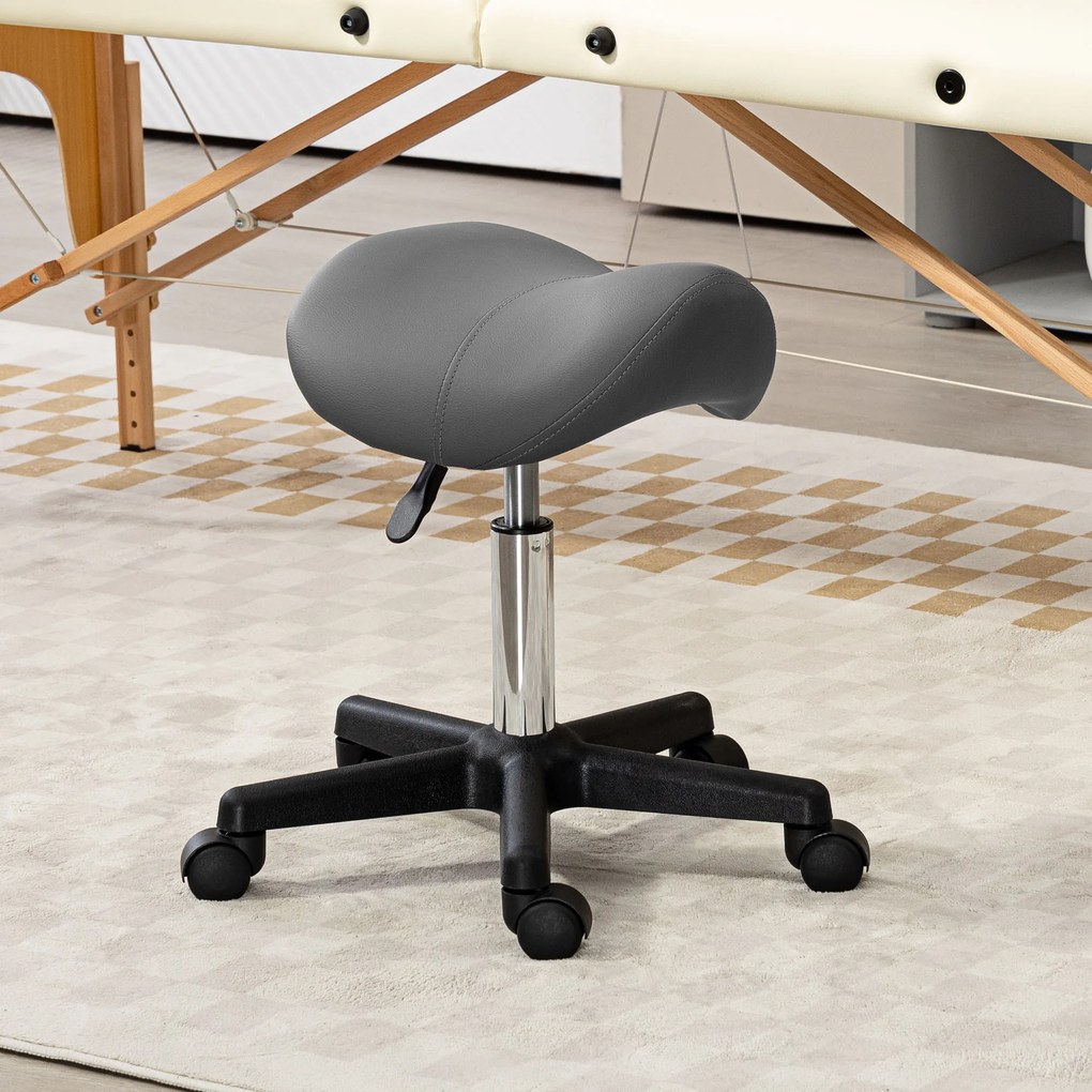HOMCOM Pojízdná stolička, sedlo ve tvaru sedla, výškově nastavitelná, otočná o 360°, umělá kůže, šedá, 48 x 47 x 45-59 cm