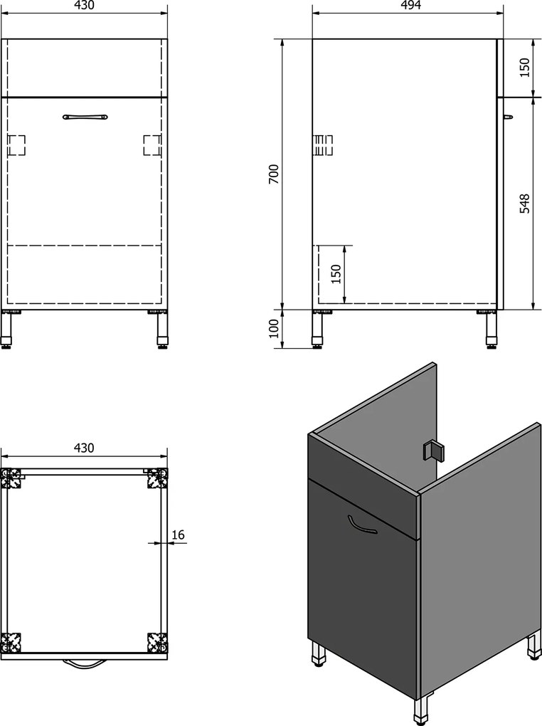 Aqualine 43 x 70 x 49,4 cm 57034 skříňka pod výlevku bílá