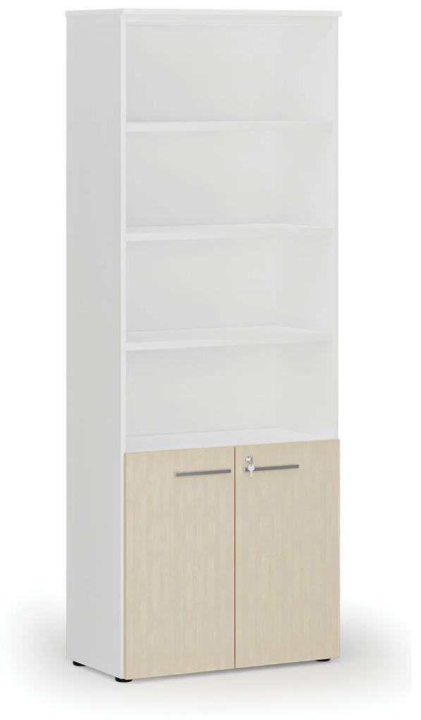 Kombinovaná kancelářská skříň PRIMO WHITE, dveře na 2 patra, 2128 x 800 x 420 mm, bílá/ořech