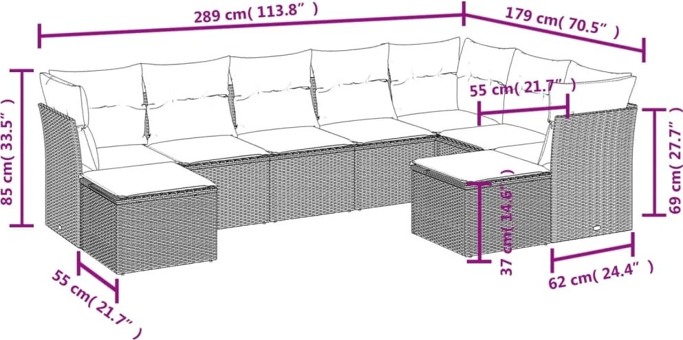 9dílná zahradní sedací souprava s poduškami šedá polyratan 3250409