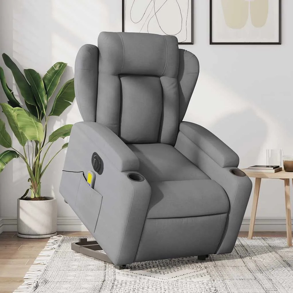 Elektrické zvedací masážní polohovací křeslo světle šedé textil 3204518