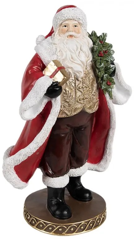 Červená vánoční dekorace Santa Claus na hnědém podstavci držící dárek a vánoční bobule – 23 cm
