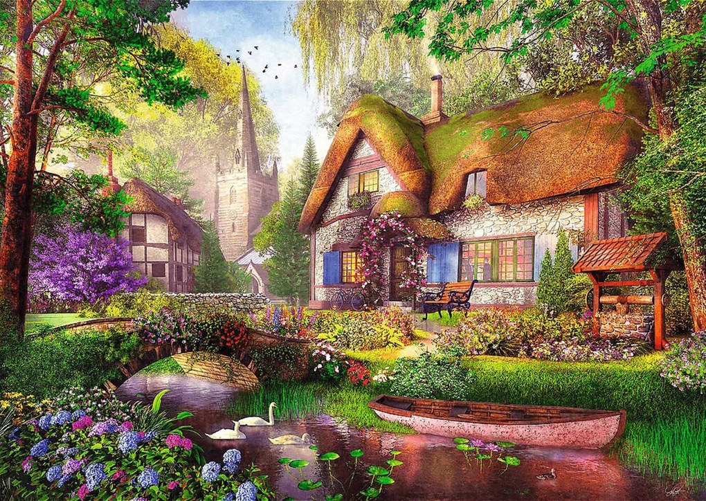 TREFL PUZZLE PREMIUM Čas na čaj Dřevěná chata 68x48cm 1000 dílků tr10804