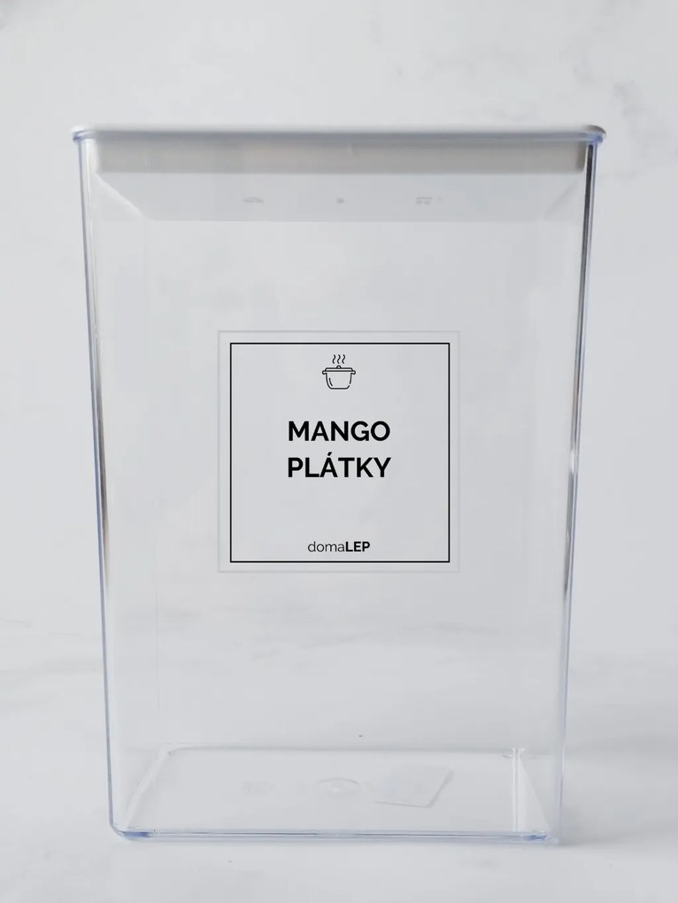 MANGO PLÁTKY – průhledná samolepka na dózu, tučné písmo, 5 x 5 cm | DomaLEP