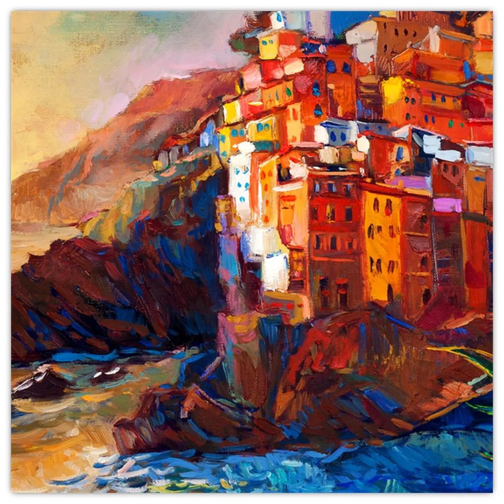 Obraz - Vesnice na pobřeží Cinque Terre, Italská riviéra, moderní impresionismus (30x30 cm)