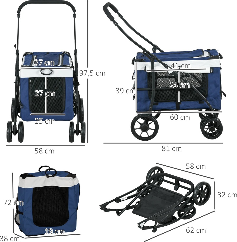 PawHut Kočárek pro psy Kočárek pro domácí mazlíčky Nosič pro domácí mazlíčky do 10 kg Skládací nastavitelné popruhy pro přenášení Odnímatelný košík 8…
