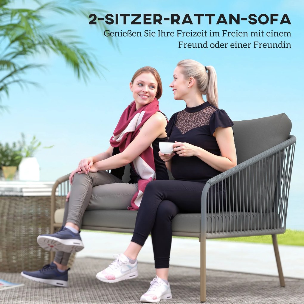 Ratanová pohovka Outsunny se sedáky, 2 místná pohovka, venkovní balkonová pohovka, ratanový nábytek 112 x 72 x 76 cm Šedá