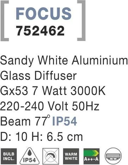 NV 752462 Venkovní stropní svítidlo FOCUS bílý hliník skleněný difuzor LED GX53 7W 3000K 220-240V 77st. IP54 - NOVA LUCE