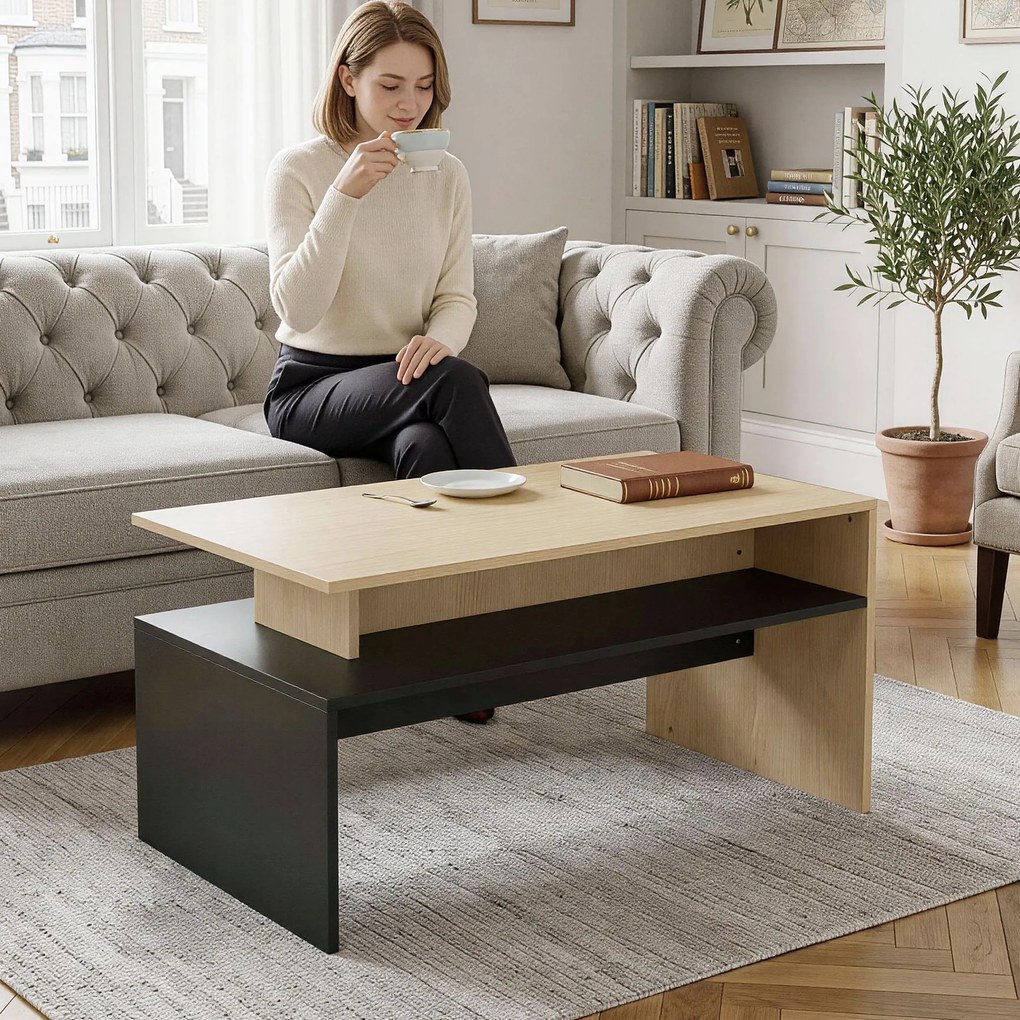 HOMCOM Moderní dvoubarevný konferenční stolek s posunutými úrovněmi a odkládacím prostorem, 95 x 55 x 50 cm, přírodní dřevo a černá