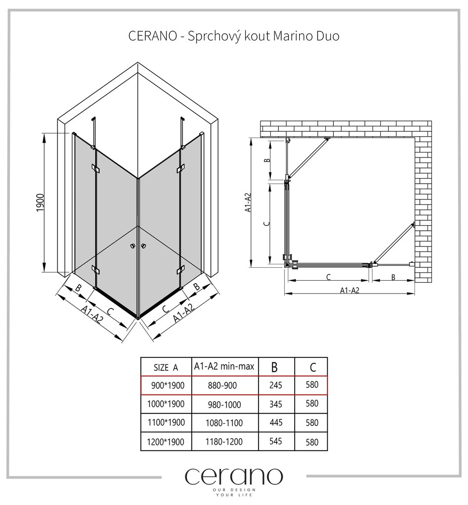 CERANO - Sprchový kout Marino Duo L/P - chrom, transparentní sklo - 90x90 cm - křídlový