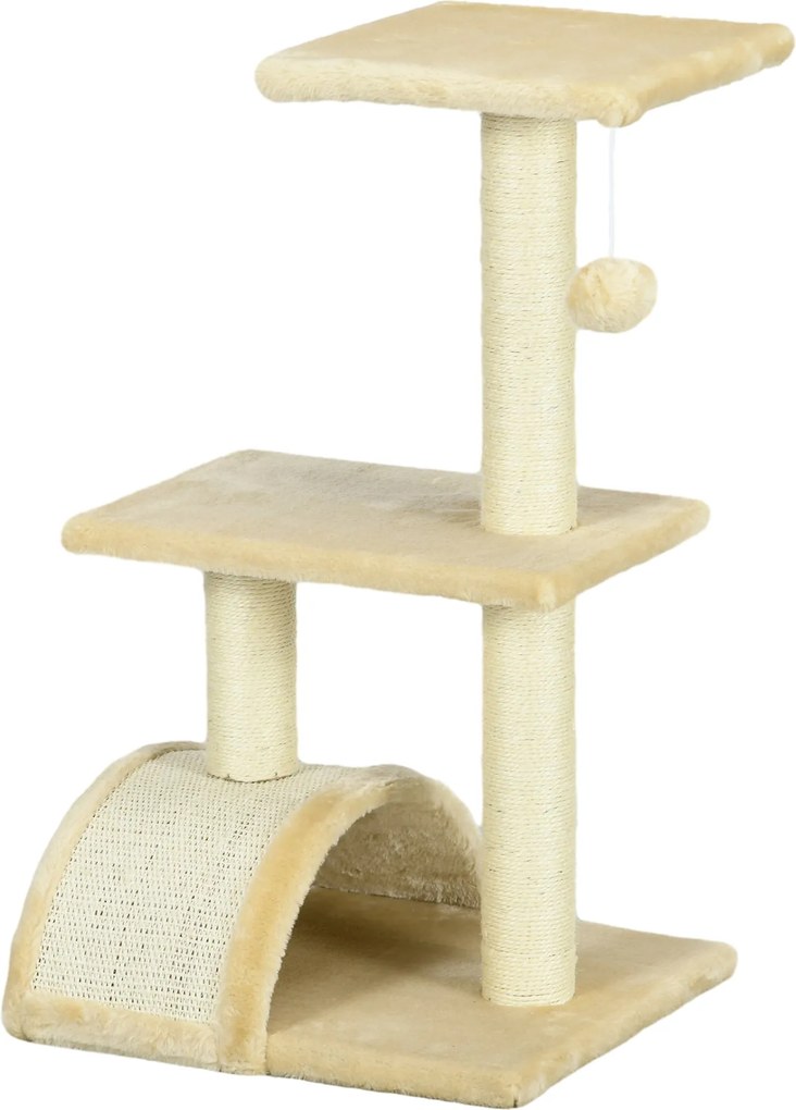 PawHut Kočičí strom 72 cm s plyšem, sisalovými sloupky, platformou a škrabadlem, vícestupňový kočičí strom, lezení pro středně velké kočky, krémově bí