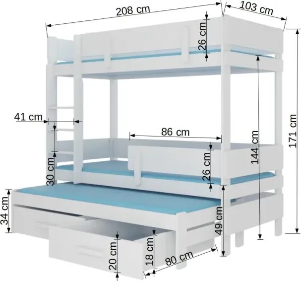 Patrová postel třílůžková ETAPO 200x90 – lanýže