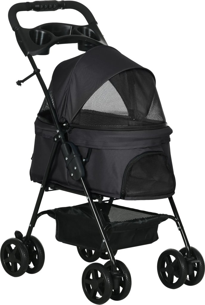 Skládatelný kočárek PawHut pro malé psy s univerzálními koly, úložným košíkem, bezpečnostními pásy a oknem, nosnost 15 kg, 67x45x96 cm, černý