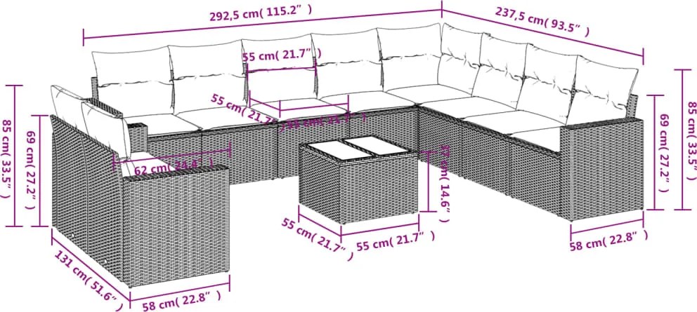 11dílný zahradní sedací souprava s poduškami hnědý polyratan 3251520