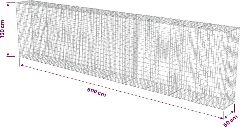 Gabionová zeď s víky z pozinkované oceli 600 x 50 x 150 cm 143582
