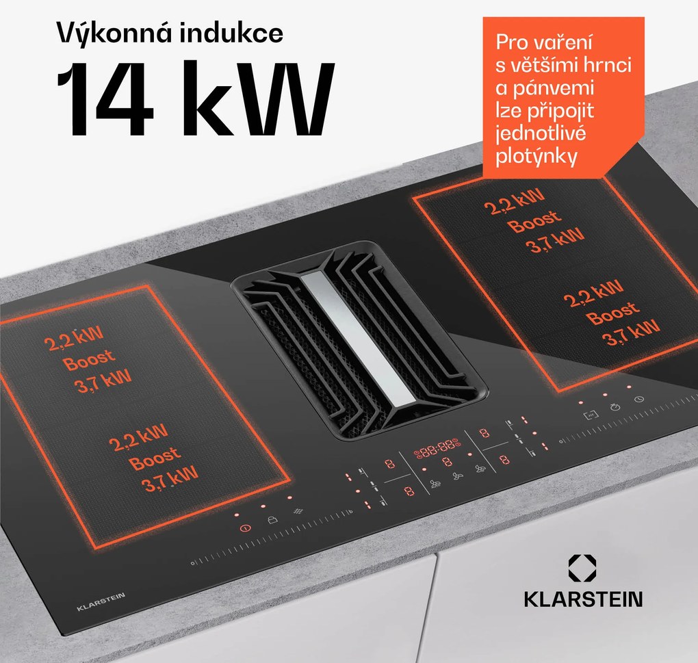 Klarstein AirJet FlexPro Down Air System, Indukční varná deska + digestoř, Flexi zóna, Booster