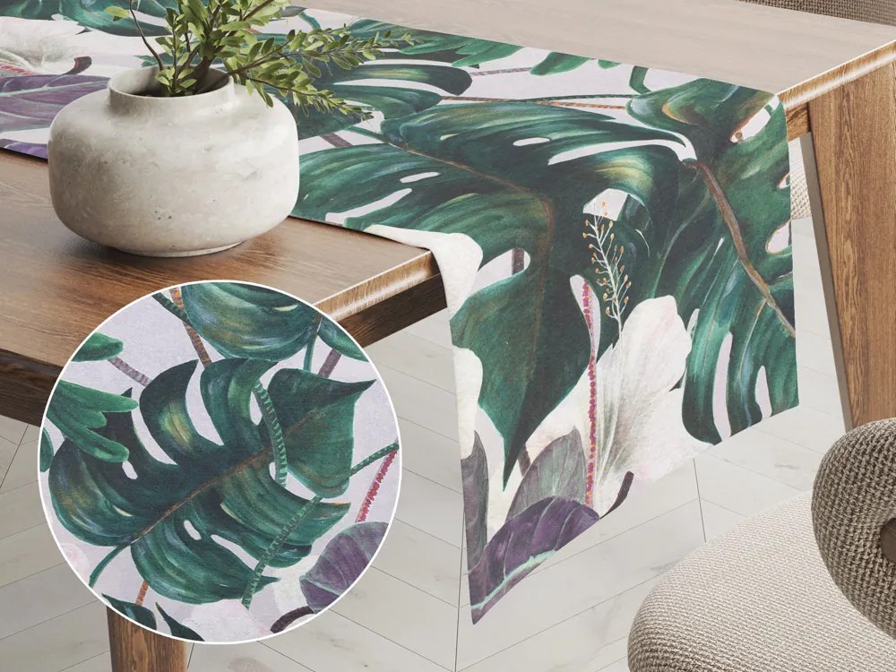 Biante Dekorační běhoun na stůl Leona LN-146 Tropické listy s květy na režném 35x160 cm
