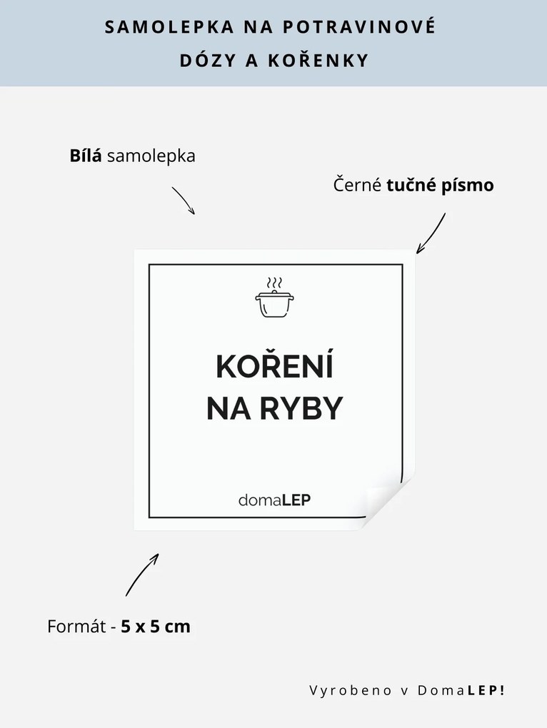 Samolepka na kořenky KOŘENÍ NA RYBY bílá 5 × 5 cm tučné písmo