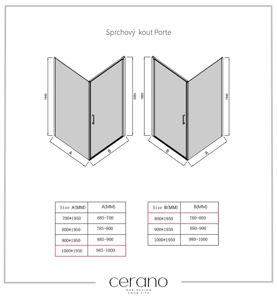 CERANO - Sprchový kout Porte L/P - černá matná, transparentní sklo - 80x100 cm - křídlový