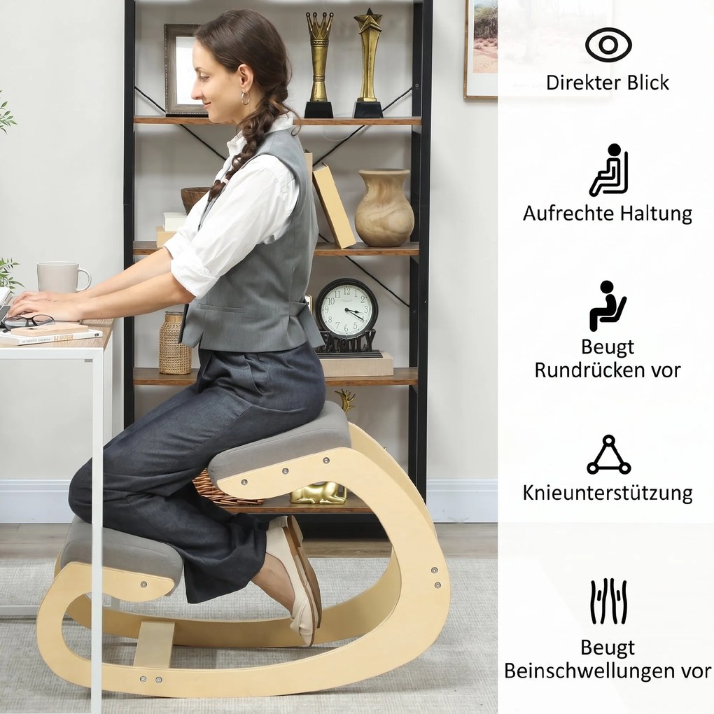 HOMCOM Ergonomický houpací kloubní židle pro home office, ke zlepšení držení těla, světle šedá