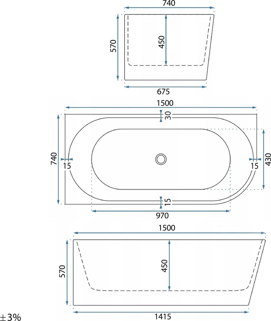 Asymetrická akrylátová vana s krycím panelem REA BELLANTO SLIM Levá 150x74 cm, bílá, sifon Click-Clack - kartáčovaná měď